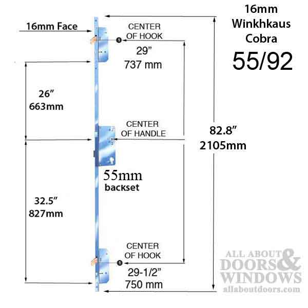 Winkhaus 16mm Cobra 55/92mm MPL Lock System with Hooks - SS