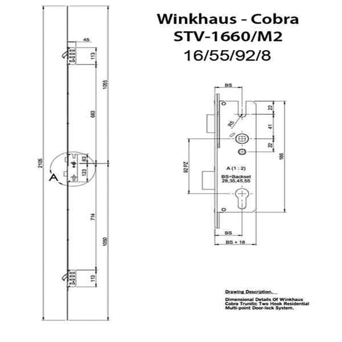 Winkhaus 16mm Cobra 55/92mm MPL Lock System with Hooks - SS