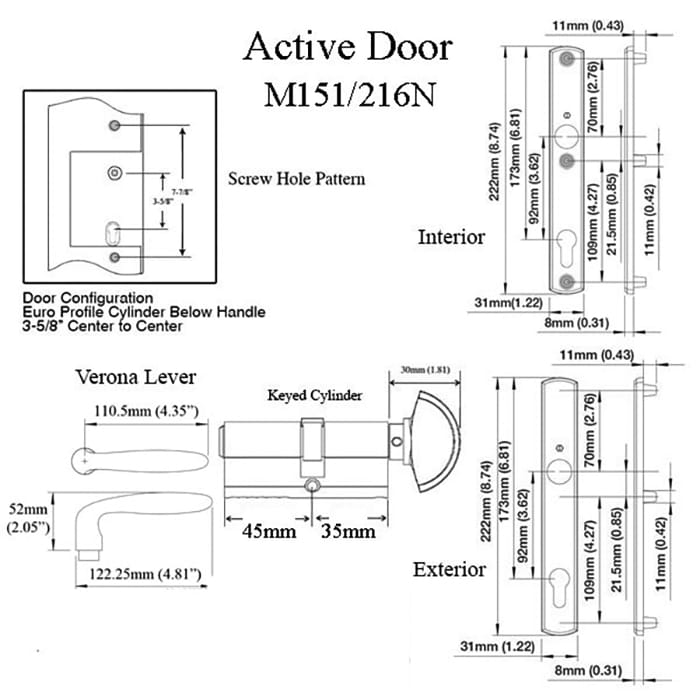 Hoppe Verona M151/216N/KC 35/45 Cylinder 2-1/4" Door - Satin Nickel