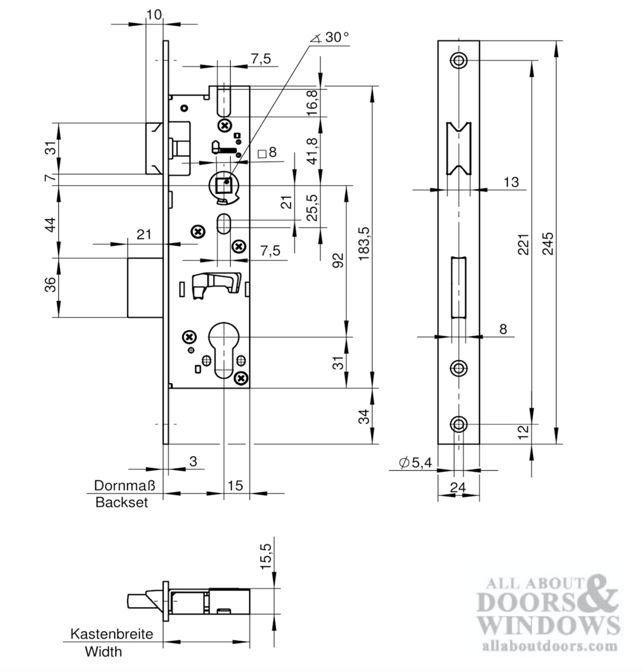 24mm Wilka Mortise Lock, 30mm Backset, 92mm PZ - Brushed Chrome