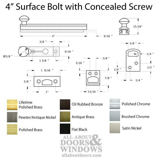 4" Concealed Screw Surface Bolt, Brass - Choose Finish
