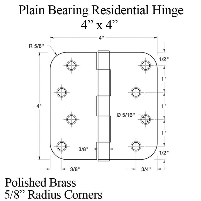 4" x 4" Plain Bearing Hinge, 5/8" Radius, Solid Brass - Polished Brass
