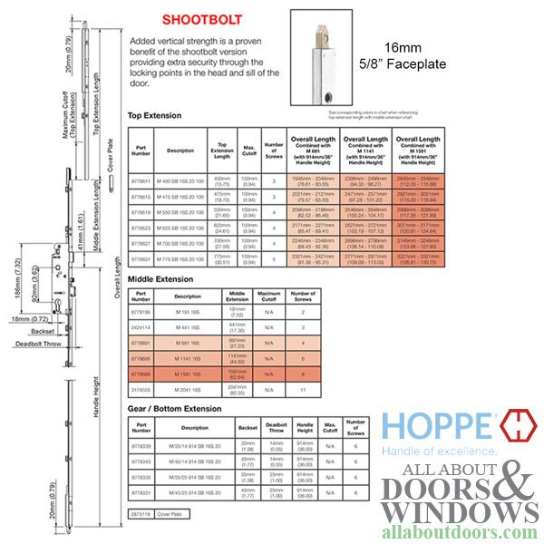 Hoppe 3-point multipoint lock, door heights 85.47" - 89.41" 1-3/8" backset