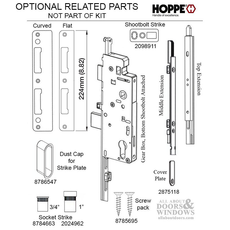 Hoppe 3-point multipoint lock, door heights 88.43"- 92.36", 1-3/4" backset
