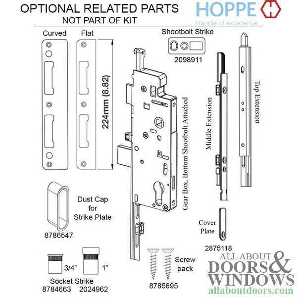 Hoppe 3-point multipoint lock replacement shootbolt kit 16/45/92