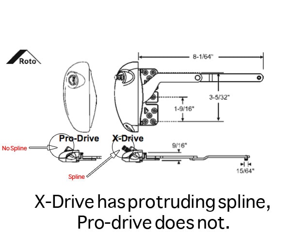 Roto 8-1/64" Stainless Steel Split Arm, X-Drive, LH Vinyl Window ...