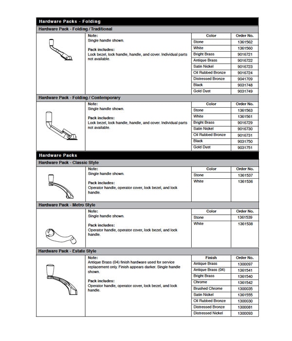 Andersen 200 and 400 series casement window operator hardware set
